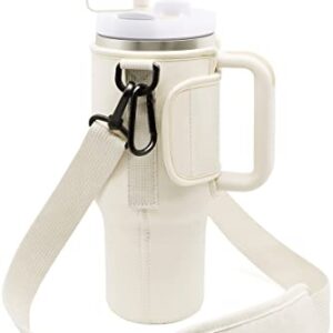 BILTRTE Water Bottle Carrier Bag Compatible with Stanley 40oz Tumbler with Handle, Water Bottle Holder with Adjustable Shoulder Strap for Hiking Travelling Camping (Cream, 40oz)