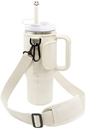 BILTRTE Water Bottle Carrier Bag Compatible with Stanley 40oz Tumbler with Handle, Water Bottle Holder with Adjustable Shoulder Strap for Hiking Travelling Camping (Cream, 40oz)