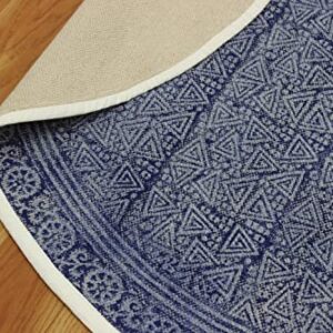 Casavani Indian Handmade Rug Geometric Blue & Beige Cotton Dhurrie Round Area Rug Best Uses For Garden Yoga Mat,Living Room,Kids Room,Bedroom, Bathroom,kitchen 3x3 4x4 3x3 Feet Round