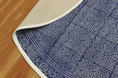 Casavani Indian Handmade Rug Geometric Blue & Beige Cotton Dhurrie Round Area Rug Best Uses For Garden Yoga Mat,Living Room,Kids Room,Bedroom, Bathroom,kitchen 3x3 4x4 3x3 Feet Round