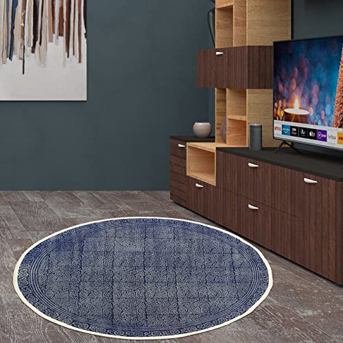 Casavani Indian Handmade Rug Geometric Blue & Beige Cotton Dhurrie Round Area Rug Best Uses For Garden Yoga Mat,Living Room,Kids Room,Bedroom, Bathroom,kitchen 3x3 4x4 3x3 Feet Round