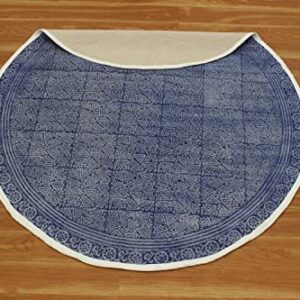 Casavani Indian Handmade Rug Geometric Blue & Beige Cotton Dhurrie Round Area Rug Best Uses For Garden Yoga Mat,Living Room,Kids Room,Bedroom, Bathroom,kitchen 3x3 4x4 3x3 Feet Round