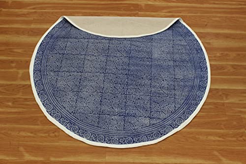 Casavani Indian Handmade Rug Geometric Blue & Beige Cotton Dhurrie Round Area Rug Best Uses For Garden Yoga Mat,Living Room,Kids Room,Bedroom, Bathroom,kitchen 3x3 4x4 3x3 Feet Round