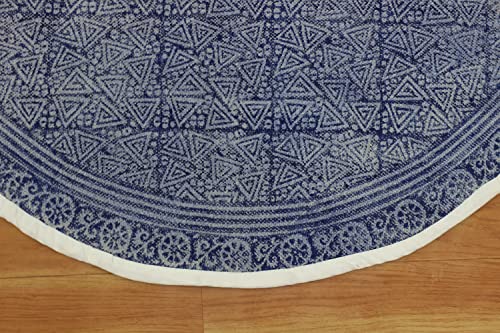 Casavani Indian Handmade Rug Geometric Blue & Beige Cotton Dhurrie Round Area Rug Best Uses For Garden Yoga Mat,Living Room,Kids Room,Bedroom, Bathroom,kitchen 3x3 4x4 3x3 Feet Round