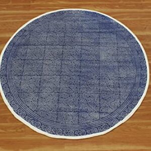 Casavani Indian Handmade Rug Geometric Blue & Beige Cotton Dhurrie Round Area Rug Best Uses For Garden Yoga Mat,Living Room,Kids Room,Bedroom, Bathroom,kitchen 3x3 4x4 3x3 Feet Round