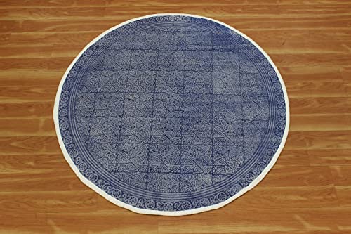 Casavani Indian Handmade Rug Geometric Blue & Beige Cotton Dhurrie Round Area Rug Best Uses For Garden Yoga Mat,Living Room,Kids Room,Bedroom, Bathroom,kitchen 3x3 4x4 3x3 Feet Round