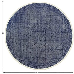 Casavani Indian Handmade Rug Geometric Blue & Beige Cotton Dhurrie Round Area Rug Best Uses For Garden Yoga Mat,Living Room,Kids Room,Bedroom, Bathroom,kitchen 3x3 4x4 3x3 Feet Round