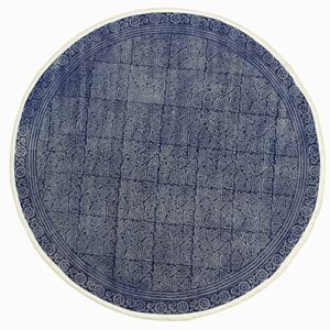 Casavani Indian Handmade Rug Geometric Blue & Beige Cotton Dhurrie Round Area Rug Best Uses For Garden Yoga Mat,Living Room,Kids Room,Bedroom, Bathroom,kitchen 3x3 4x4 3x3 Feet Round