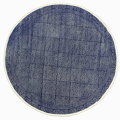 Casavani Indian Handmade Rug Geometric Blue & Beige Cotton Dhurrie Round Area Rug Best Uses For Garden Yoga Mat,Living Room,Kids Room,Bedroom, Bathroom,kitchen 3x3 4x4 3x3 Feet Round