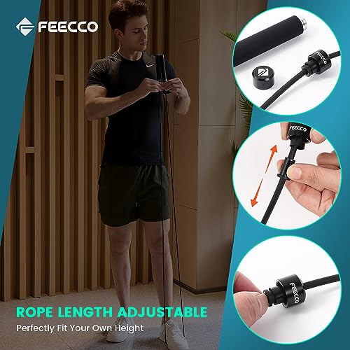 FEECCO 1/2 lb Weighted Jump Rope for Boxing, Cardio, Crossfit Workout, 8~11ft Range Adjustable Length Steel Ropes with Ball Bearings and Metal Handles, Suitable for Men and Women