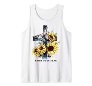 faith over fear cross sunflowers butterflies christian tank top