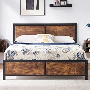 VECELO Queen Platform Bed Frame with Rustic Vintage Wood Headboard, Mattress Foundation, No Box Spring Needed & Nightstands Set of 2, Modern Bedside End Tables, Night Stands