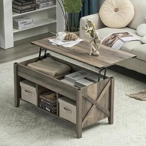 vingli farmhouse lift top coffee table, rustic grey coffee table with lift top, lift up pop up coffee table with storage shelf/hidden compartment, gas lift coffee table mesa de centro para sala