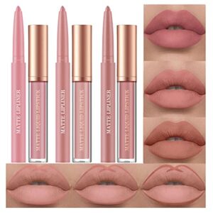 bestland 6pcs matte liquid lipstick and lip liner set, non-stick cup not fade waterproof nude lipstick makeup kits velvety nude lipliner lip gloss make up gift set (set e)