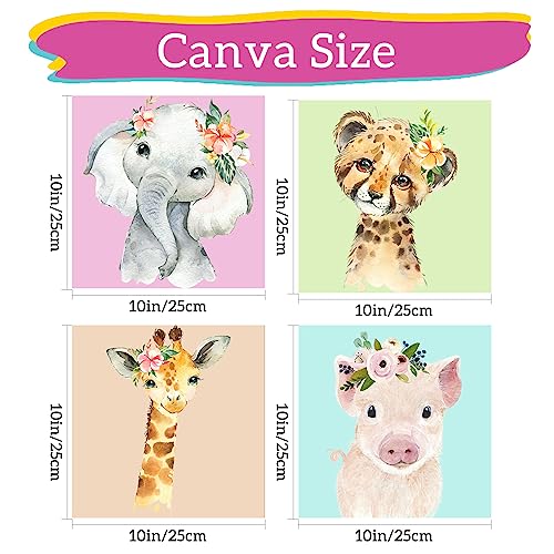 Cornovou 4 Pack Paint by Number for Adults Canvas Framed, 10x10 inch Animals Paint by Number Kits for Kids Beginner, DIY Elephant Giraffe Acrylic Oil Painting for Home Wall Decor Adults Kids Gift