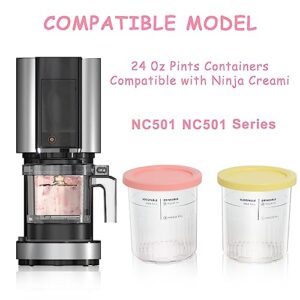 XSKPNTLTD2 Ice Cream Pints Container and Lids Replacement Compatible with Ninjia, 24 oz Cream Pints with Scoop Compatible with Creami Deluxe NC500 Series ice Cream Makers（2 PACKS）…