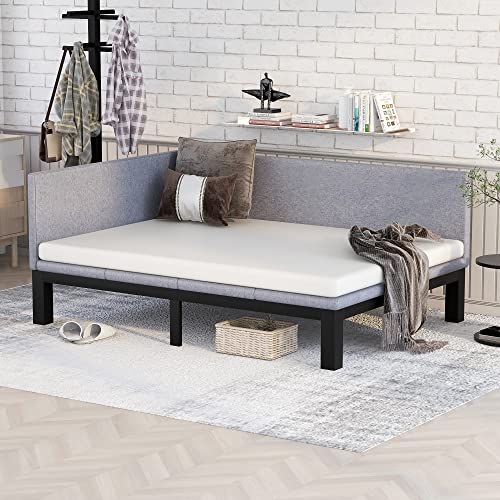 Eafurn Upholstered Full Daybed Frame with Cushion, Full Size Daybed with Slat Support, Sturdy Wooden Full Sofa Bed for Living Room Bedroom Dorm Guest Room, No Box Spring Needed