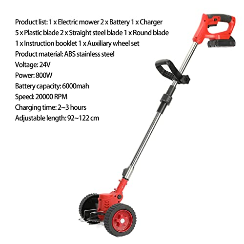 Cordless Electric Lawn Mower 24V 6000mAh Battery Powered Trimmer Rechargeable Telescopic Rod D-Shaped Handle Lawn Mower Red US Plug