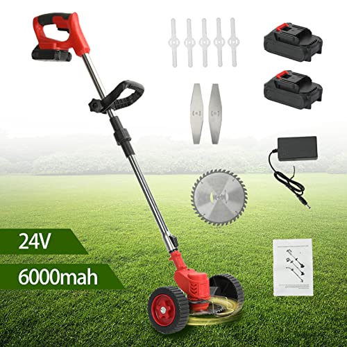 Cordless Electric Lawn Mower 24V 6000mAh Battery Powered Trimmer Rechargeable Telescopic Rod D-Shaped Handle Lawn Mower Red US Plug