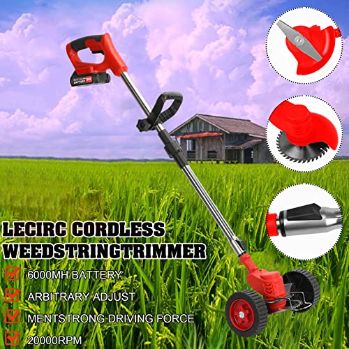 Cordless Electric Lawn Mower 24V 6000mAh Battery Powered Trimmer Rechargeable Telescopic Rod D-Shaped Handle Lawn Mower Red US Plug