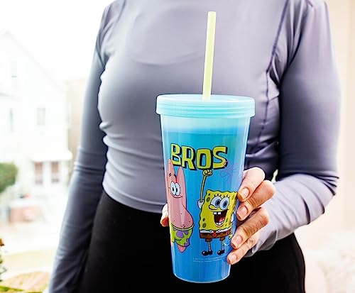 SpongeBob SquarePants "Bros" Color-Changing Plastic Travel Tumbler | Includes Reusable Straw, Leak-Resistant Lid, Fake Ice Cubes | Holds 24 Ounces