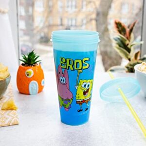 SpongeBob SquarePants "Bros" Color-Changing Plastic Travel Tumbler | Includes Reusable Straw, Leak-Resistant Lid, Fake Ice Cubes | Holds 24 Ounces