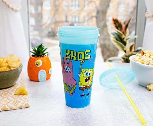 SpongeBob SquarePants "Bros" Color-Changing Plastic Travel Tumbler | Includes Reusable Straw, Leak-Resistant Lid, Fake Ice Cubes | Holds 24 Ounces