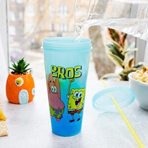 SpongeBob SquarePants "Bros" Color-Changing Plastic Travel Tumbler | Includes Reusable Straw, Leak-Resistant Lid, Fake Ice Cubes | Holds 24 Ounces