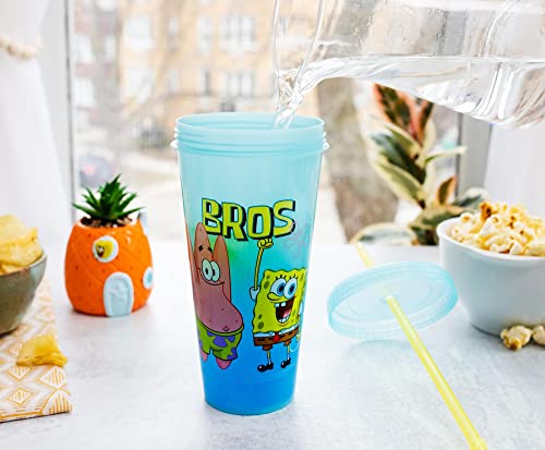 SpongeBob SquarePants "Bros" Color-Changing Plastic Travel Tumbler | Includes Reusable Straw, Leak-Resistant Lid, Fake Ice Cubes | Holds 24 Ounces