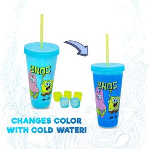 SpongeBob SquarePants "Bros" Color-Changing Plastic Travel Tumbler | Includes Reusable Straw, Leak-Resistant Lid, Fake Ice Cubes | Holds 24 Ounces