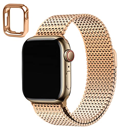 Wristitani Compatible with Apple Watch Band Series Ultra 8 SE 7 6 5 4 3 2 1, Magnetic Clasp Strap Stainless Steel Wristband Replacement for iWatch Band with TPU Case Rose Gold, 42mm 44mm 45mm