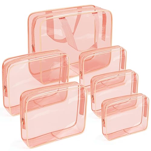 APREUTY Clear Makeup Bags, TSA Approved 6 Pcs Cosmetic Makeup Bags Set Clear PVC with Zipper Handle Portable Travel Luggage Pouch Airport Airline Vacation Organization Peach