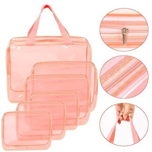 APREUTY Clear Makeup Bags, TSA Approved 6 Pcs Cosmetic Makeup Bags Set Clear PVC with Zipper Handle Portable Travel Luggage Pouch Airport Airline Vacation Organization Peach