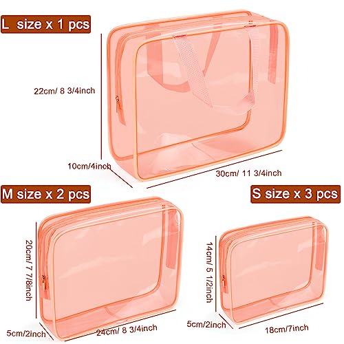 APREUTY Clear Makeup Bags, TSA Approved 6 Pcs Cosmetic Makeup Bags Set Clear PVC with Zipper Handle Portable Travel Luggage Pouch Airport Airline Vacation Organization Peach