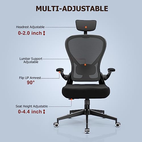 Frylr Ergonomic Home Office Desk Chair with Flip-up Arms and Headrest - Perfect for Big and Tall Users/Adjustable Lumbar Support/450 lbs Heavy Duty Office Chair（Black）