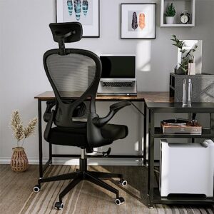 Frylr Ergonomic Home Office Desk Chair with Flip-up Arms and Headrest - Perfect for Big and Tall Users/Adjustable Lumbar Support/450 lbs Heavy Duty Office Chair（Black）