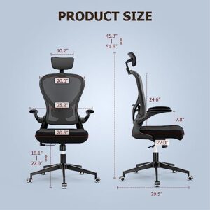 Frylr Ergonomic Home Office Desk Chair with Flip-up Arms and Headrest - Perfect for Big and Tall Users/Adjustable Lumbar Support/450 lbs Heavy Duty Office Chair（Black）