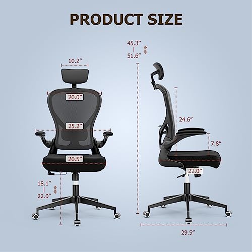 Frylr Ergonomic Home Office Desk Chair with Flip-up Arms and Headrest - Perfect for Big and Tall Users/Adjustable Lumbar Support/450 lbs Heavy Duty Office Chair（Black）