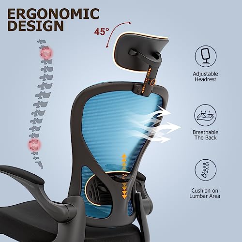 Frylr Ergonomic Home Office Desk Chair with Flip-up Arms and Headrest - Perfect for Big and Tall Users/Adjustable Lumbar Support/450 lbs Heavy Duty Office Chair（Black）