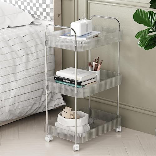 3-Tier Acrylic Rolling Utility Cart with Wheels Multi-Functional Storage Trolley Cart with Clear Trays Movable Storage Cart Organizer for Kitchen Bathroom Living Room Office