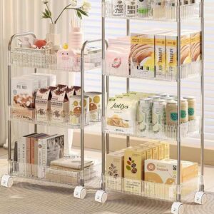 3-Tier Acrylic Rolling Utility Cart with Wheels Multi-Functional Storage Trolley Cart with Clear Trays Movable Storage Cart Organizer for Kitchen Bathroom Living Room Office