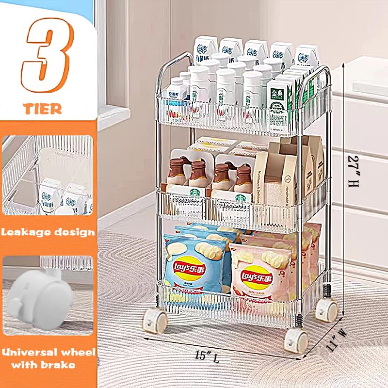 3-Tier Acrylic Rolling Utility Cart with Wheels Multi-Functional Storage Trolley Cart with Clear Trays Movable Storage Cart Organizer for Kitchen Bathroom Living Room Office