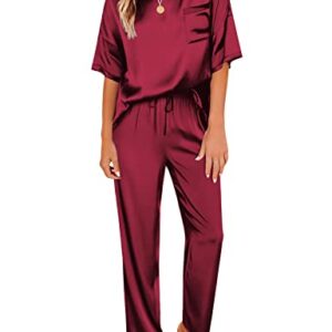 Inadays Womens Silk Pajamas Set Satin Silky Lounge Set Short Sleeve Shirt with Long Pajama Pant Pajamas For Women Set Red Wine