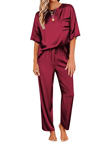 Inadays Womens Silk Pajamas Set Satin Silky Lounge Set Short Sleeve Shirt with Long Pajama Pant Pajamas For Women Set Red Wine