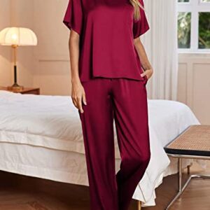 Inadays Womens Silk Pajamas Set Satin Silky Lounge Set Short Sleeve Shirt with Long Pajama Pant Pajamas For Women Set Red Wine