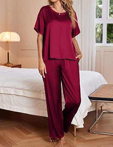 Inadays Womens Silk Pajamas Set Satin Silky Lounge Set Short Sleeve Shirt with Long Pajama Pant Pajamas For Women Set Red Wine