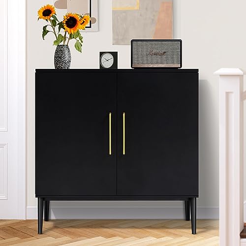 REHOOPEX Storage Cabinet with Doors, Modern Black Accent Cabinet, Free Standing Cabinet, Wooden Buffet Sideboards for Bedroom, Kitchen,Home Office