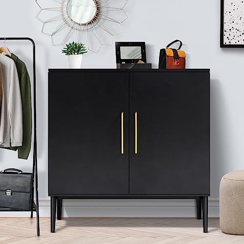 REHOOPEX Storage Cabinet with Doors, Modern Black Accent Cabinet, Free Standing Cabinet, Wooden Buffet Sideboards for Bedroom, Kitchen,Home Office