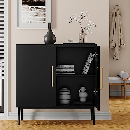 REHOOPEX Storage Cabinet with Doors, Modern Black Accent Cabinet, Free Standing Cabinet, Wooden Buffet Sideboards for Bedroom, Kitchen,Home Office