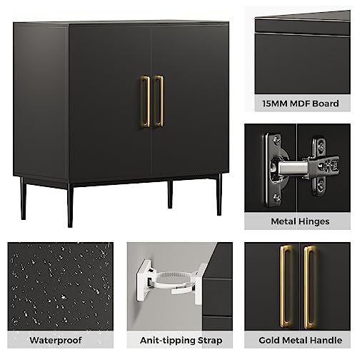 REHOOPEX Storage Cabinet with Doors, Modern Black Accent Cabinet, Free Standing Cabinet, Wooden Buffet Sideboards for Bedroom, Kitchen,Home Office